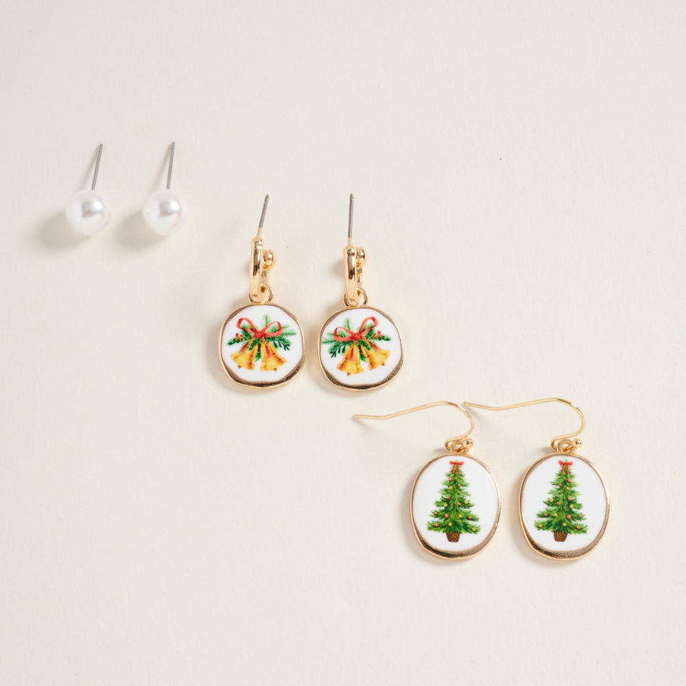 Christmas Tree Bell Pearl Enamel 3PC Set Earrings – Designature Newyork